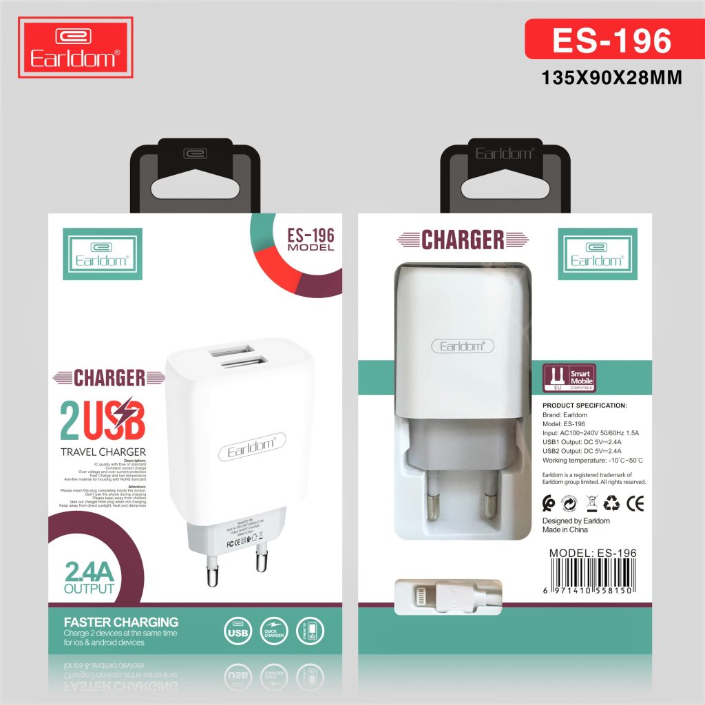 Earldom ES-196 2.1A 2USB Charger – Type-C – Tech4u
