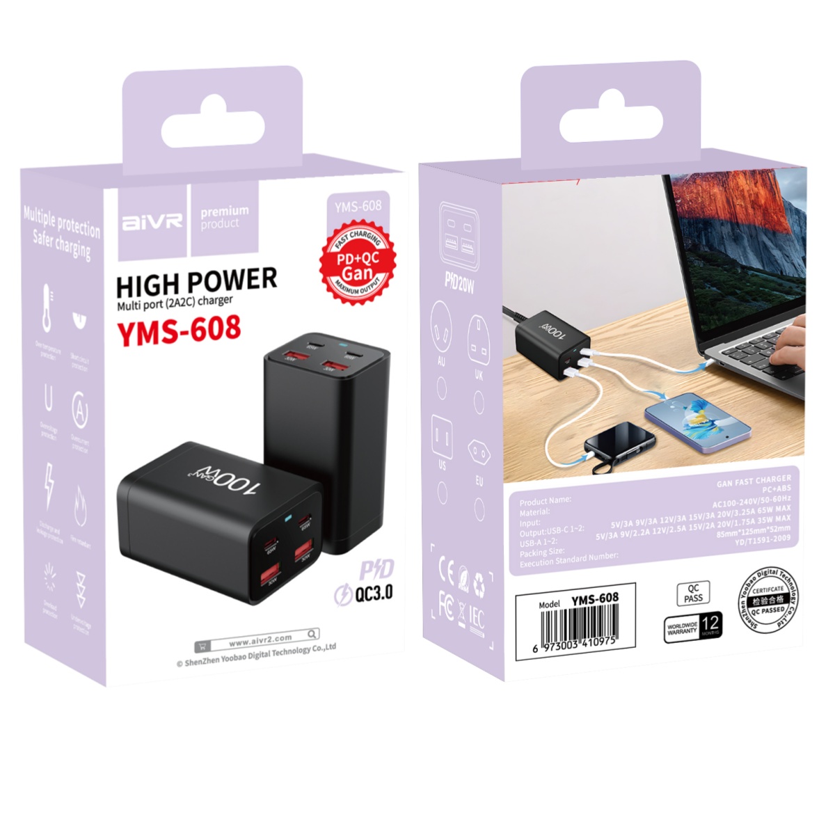 Aivr YMS-608 2*PD+2*USB 3.0 100W GaN Charger – Tech4u